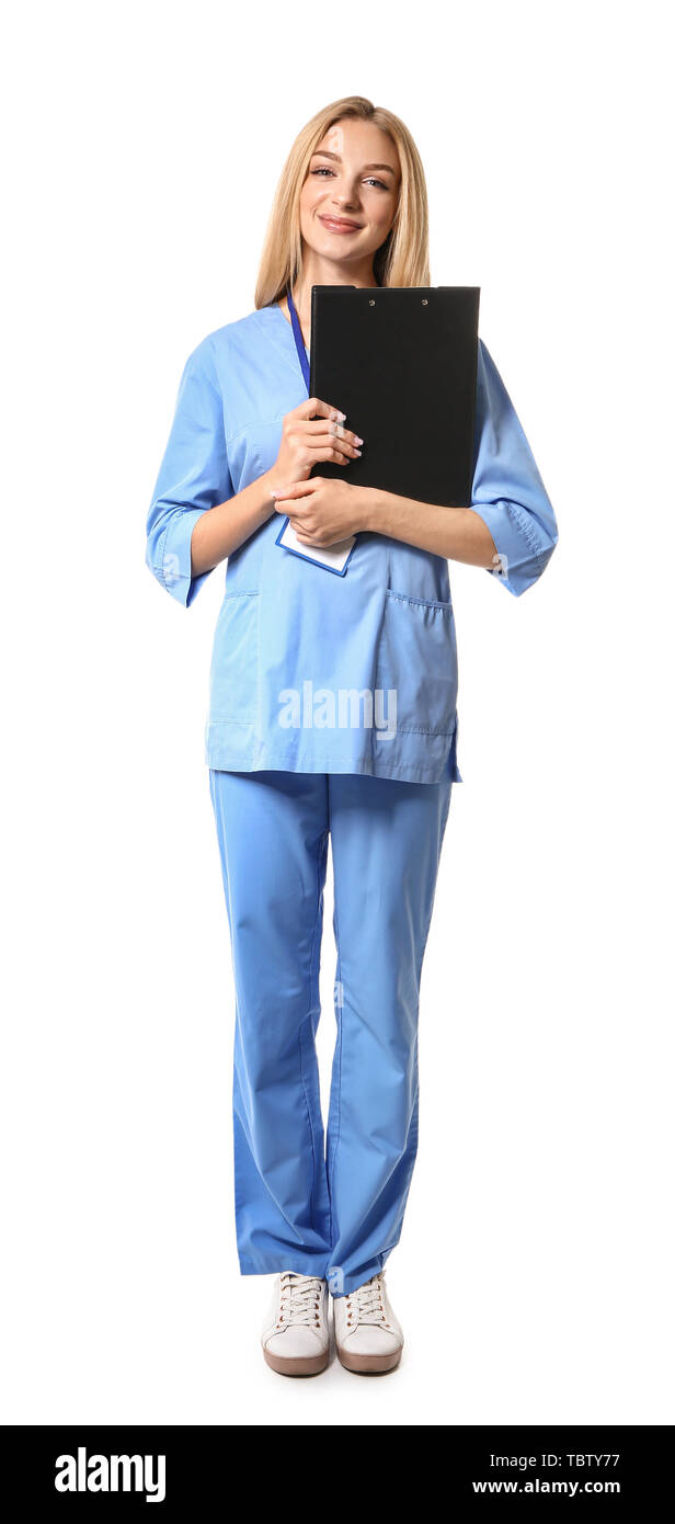 Female medical assistant on white background Stock Photo - Alamy