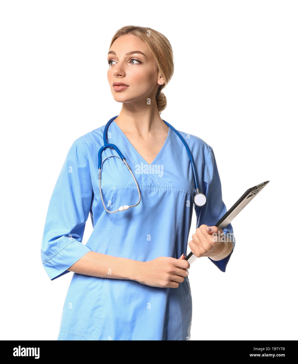 Female medical assistant on white background Stock Photo - Alamy
