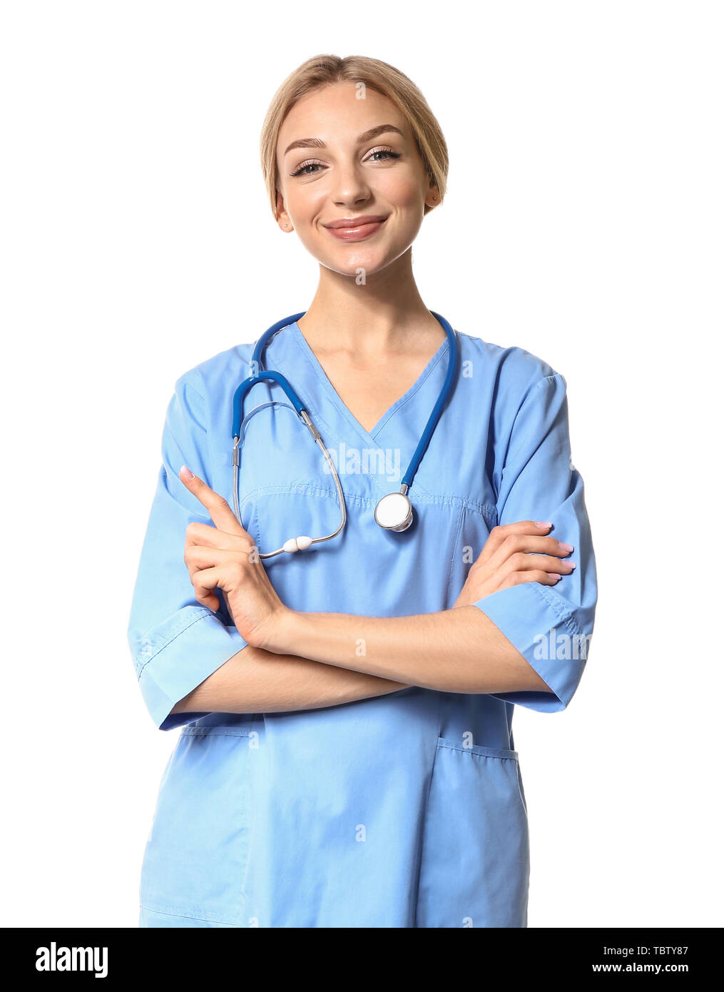 Female medical assistant on white background Stock Photo - Alamy