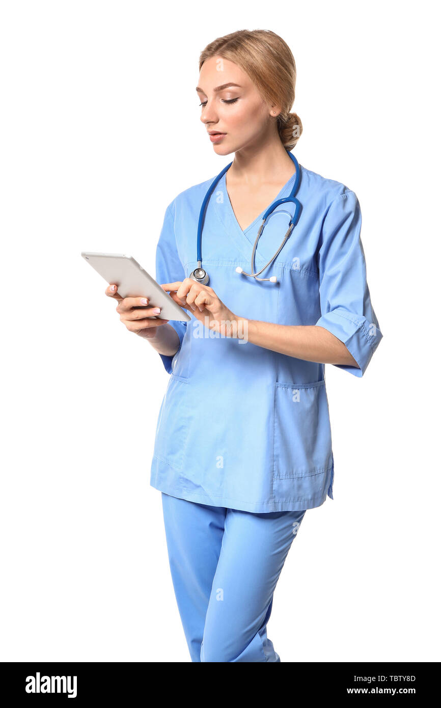 Female medical assistant with tablet computer on white background Stock ...
