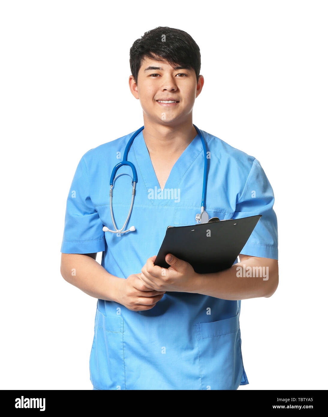 Portrait of male medical assistant on white background Stock Photo - Alamy