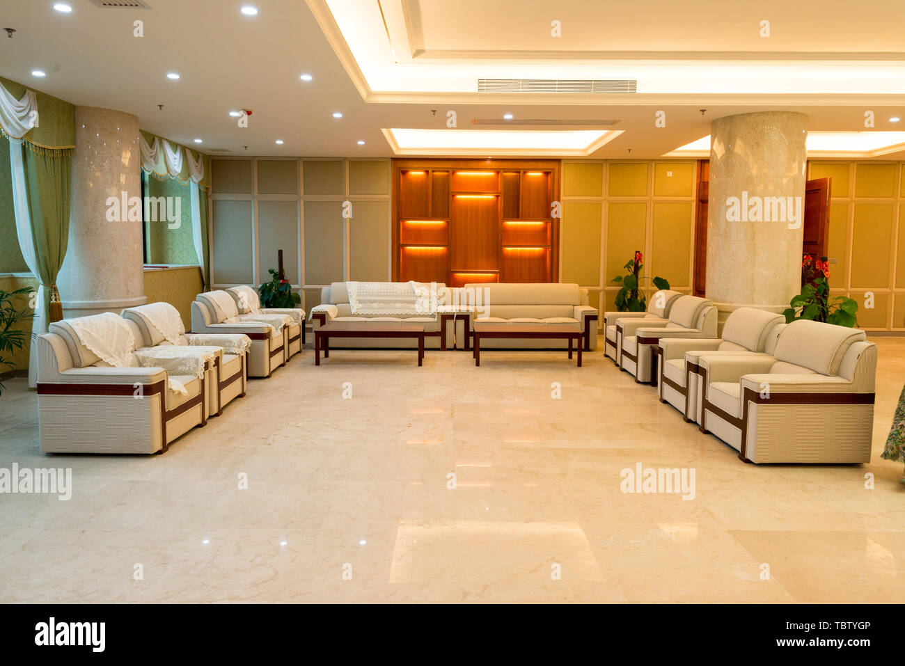 Furniture and room design in indoor seating with windows hi-res stock ...