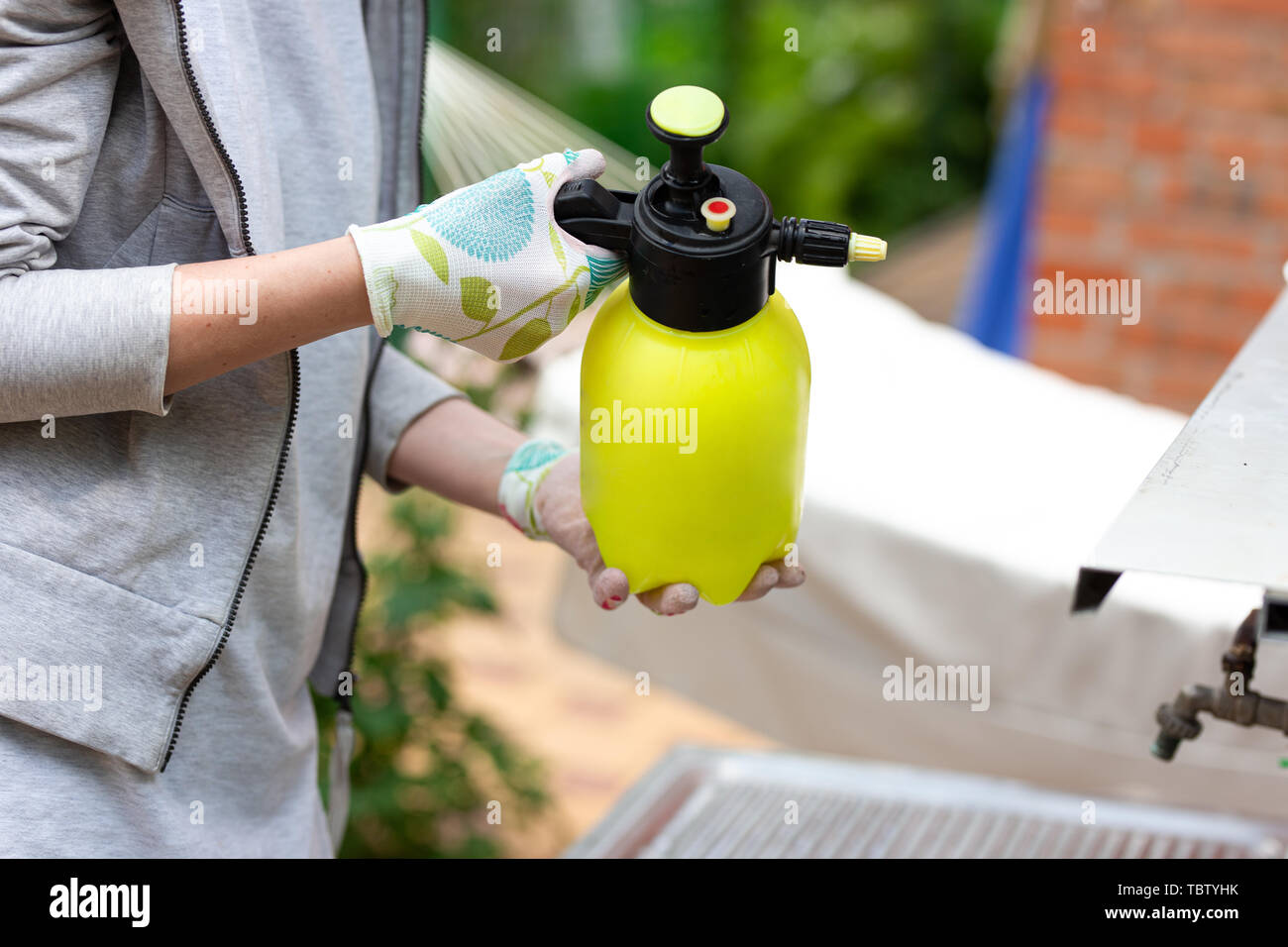 Woman gardener holding a sprayer with pesticide Stock Photo - Alamy