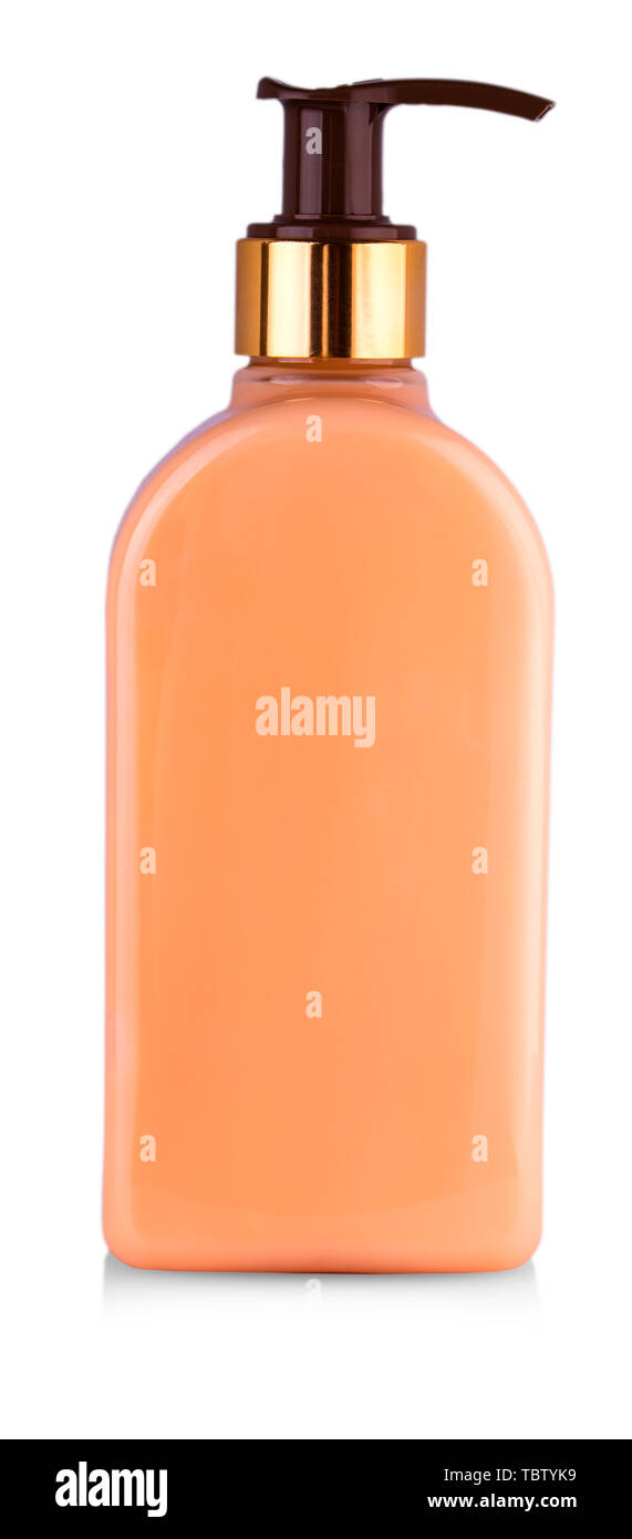 Isolated full bottle of orange liquid soap for hands Stock Photo - Alamy