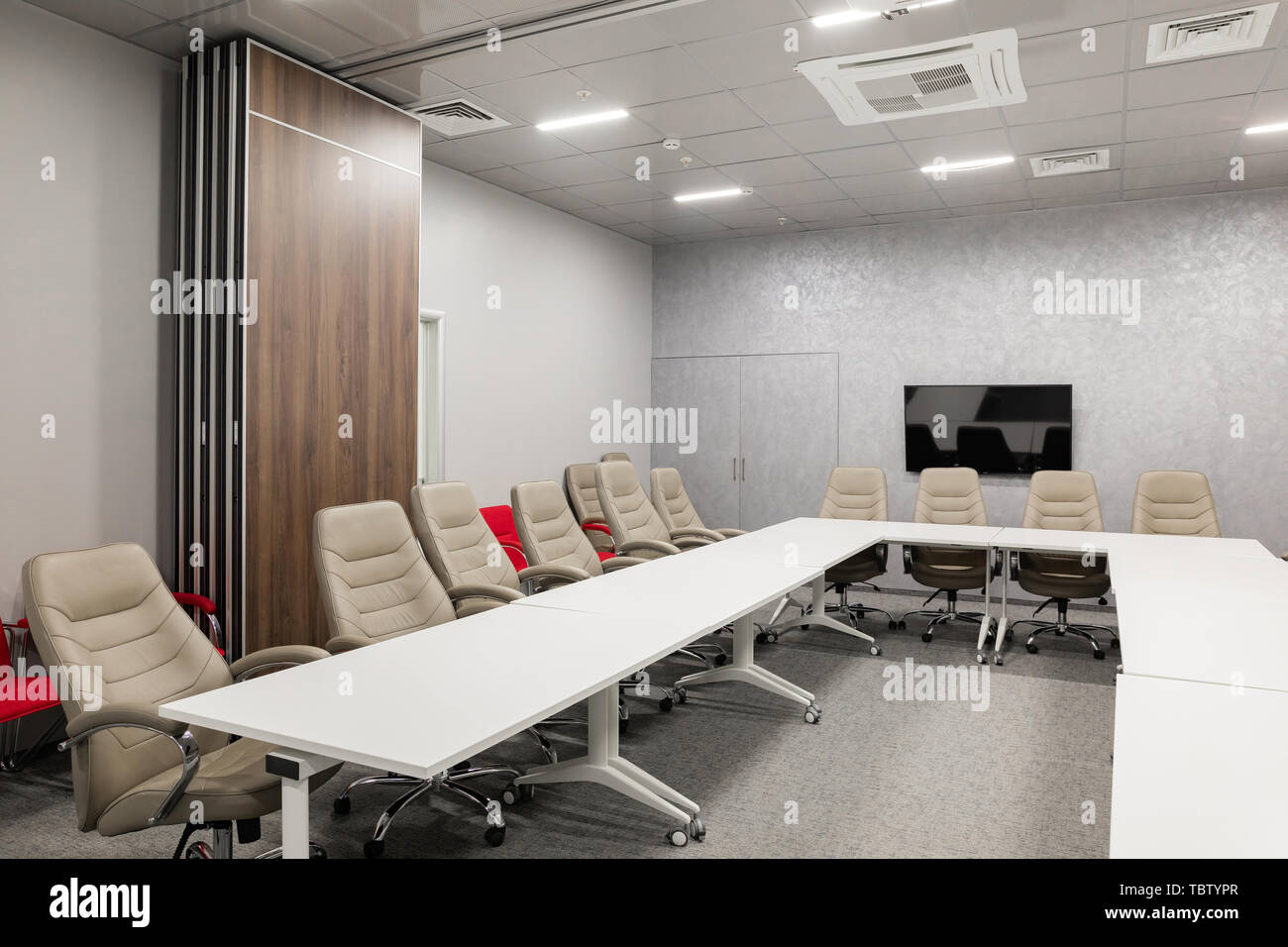 Minsk, Belarus - May 23, 2019: Interior of empty modern board room at ...