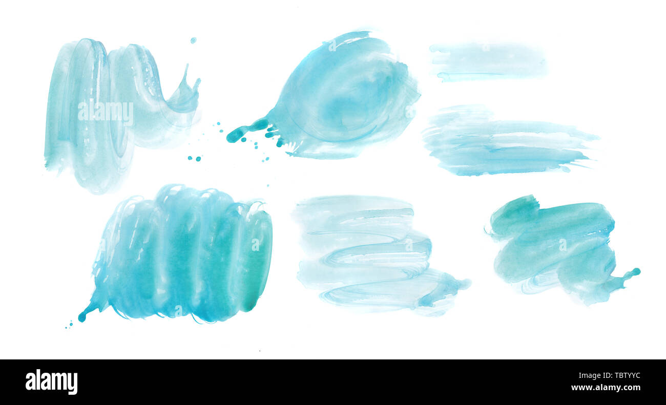 Watercolor. Blue abstract painted ink strokes set on watercolor paper ...