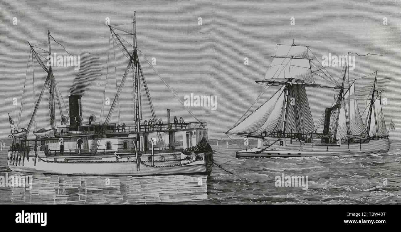 Egipto. Canal de Suez. Los cañoneros ingleses "Hotspur" y "Don ...