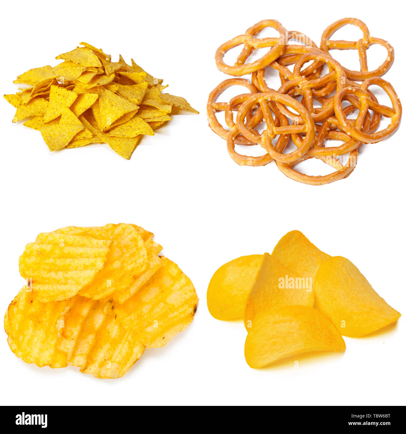 Salty snacks. Pretzels, chips, crackers collage Stock Photo - Alamy