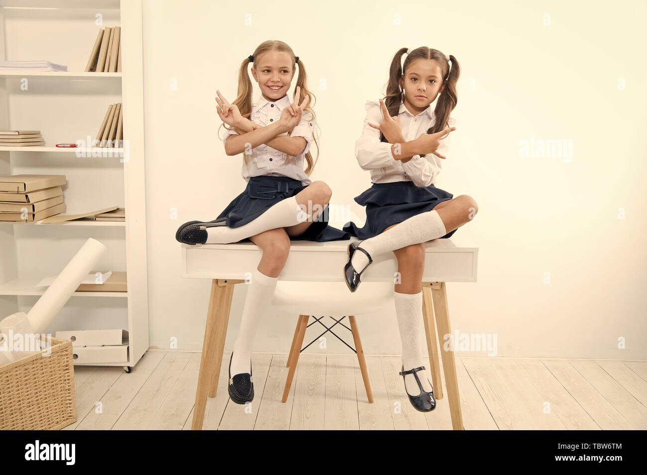 Schoolgirls cool confident faces with ponytails hairstyle. Best friends ...