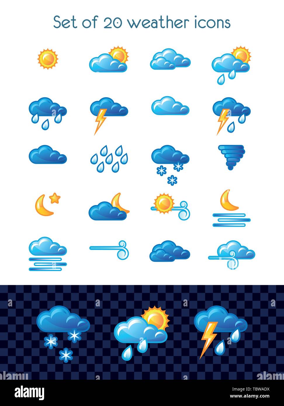 Set of 20 weather icons on white and transparent background. Vector ...