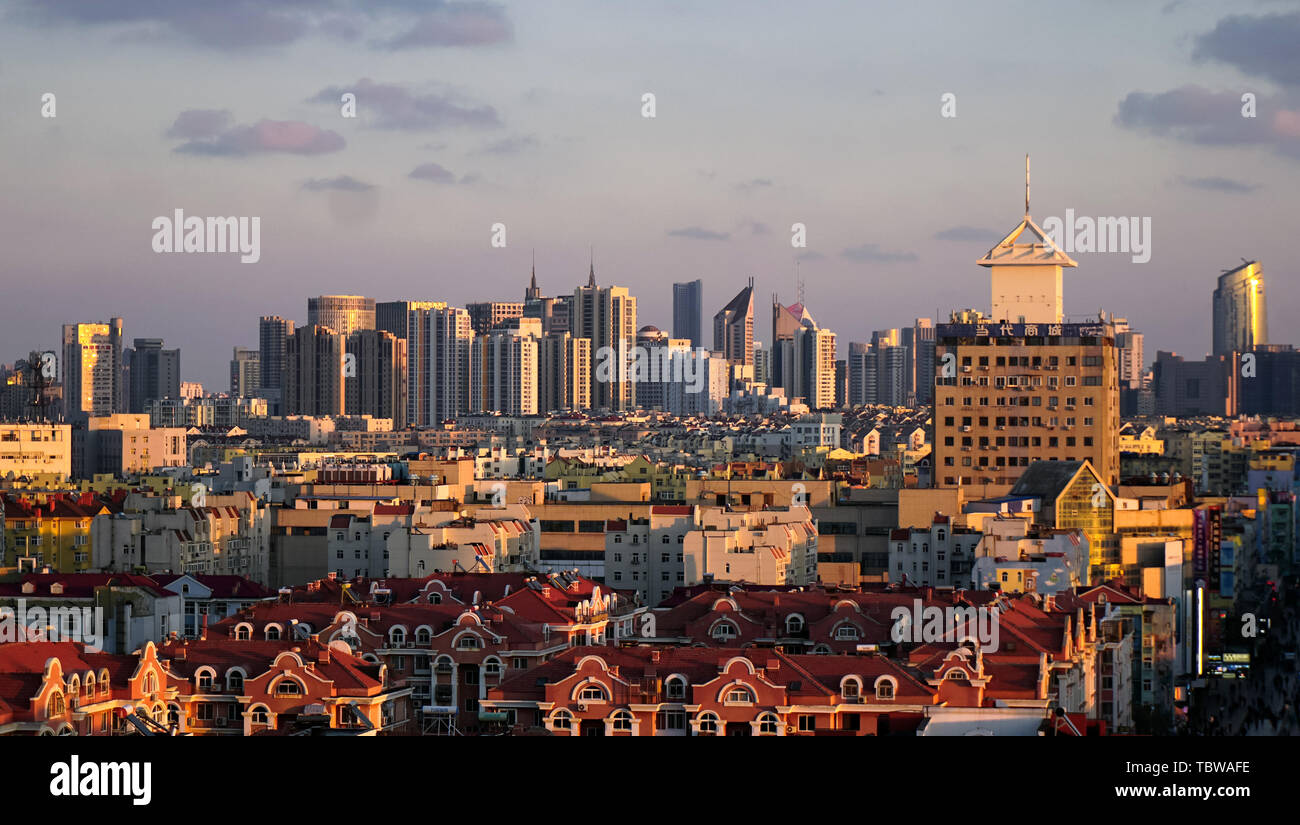 At sunset, the scenery outside the high-rise window of Qingdao Stock ...
