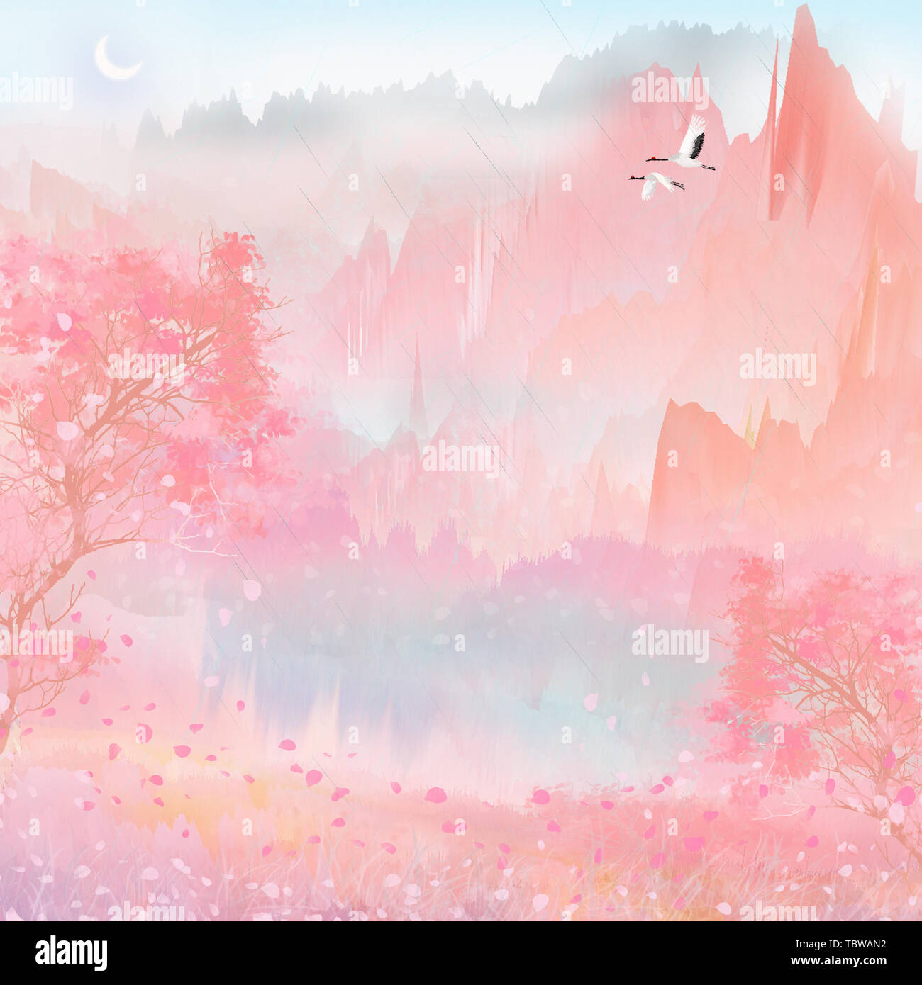 Spring suburban mountain geese on flying pure background illustration ...