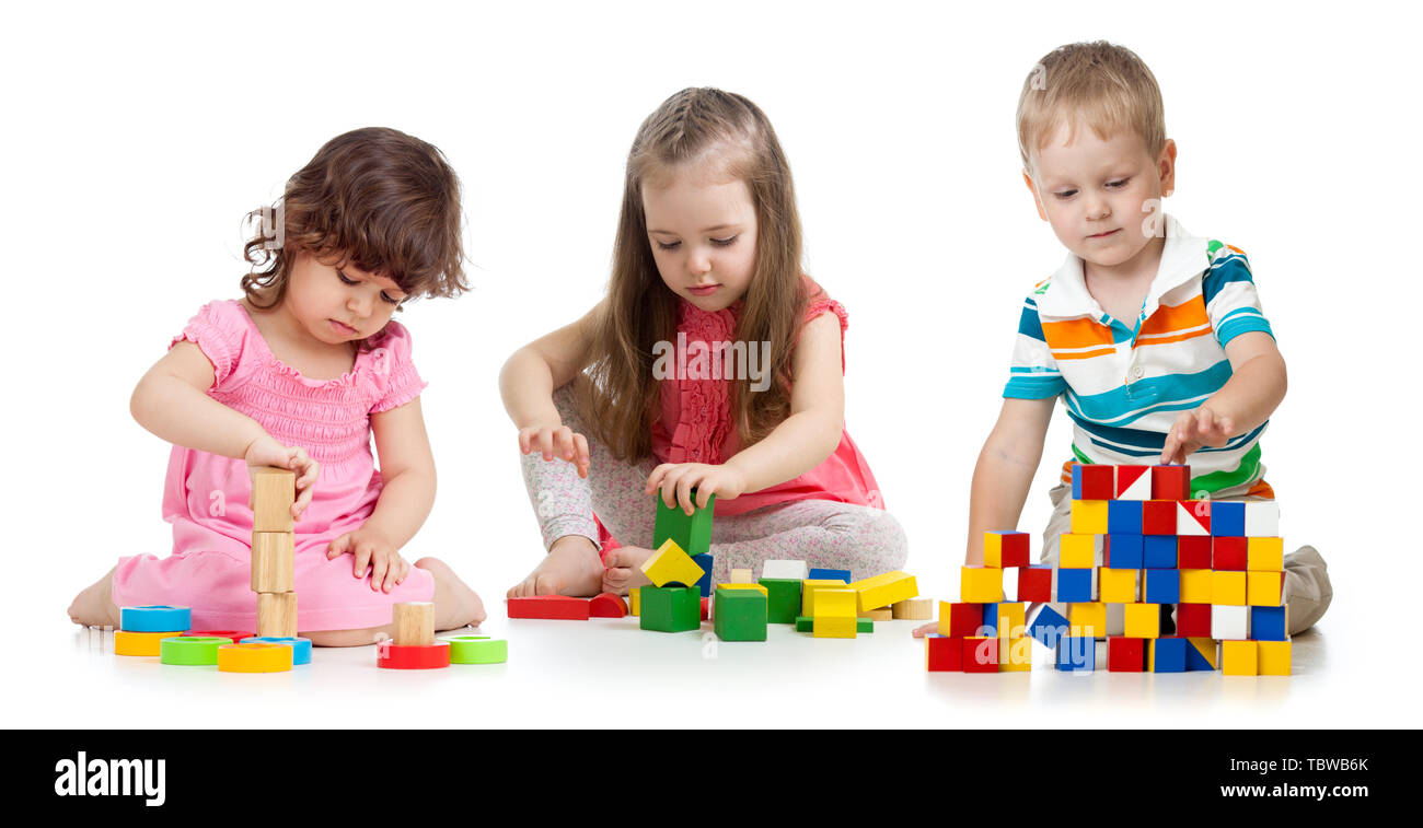 kids playing wooden blocks toy isolated on white background Stock Photo ...