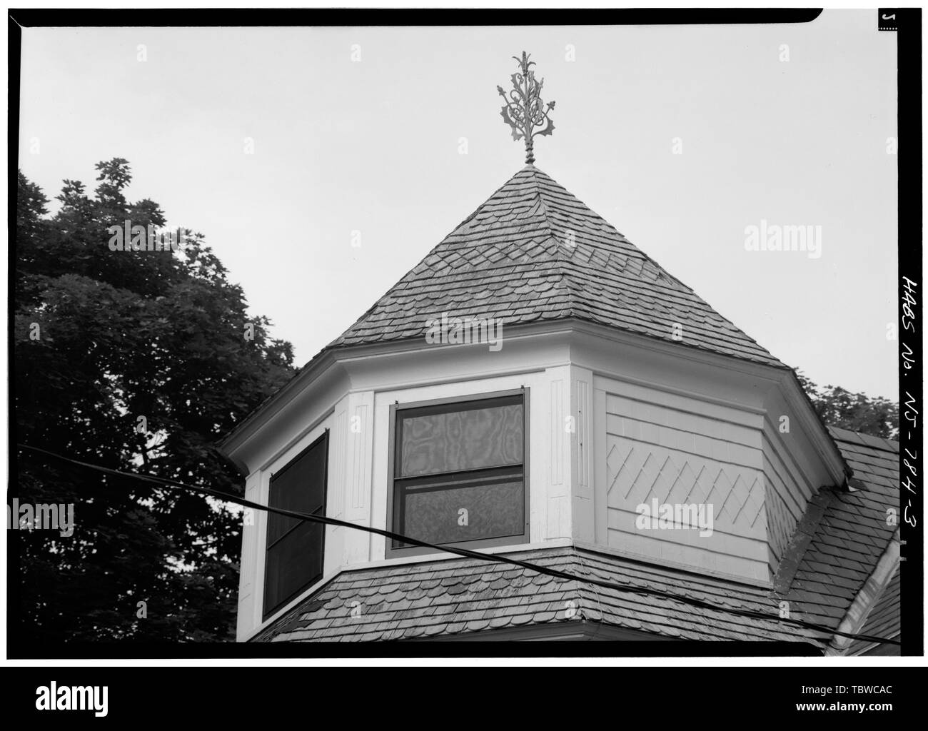 MAIN ELEVATION, DETAIL OF TOWER, SHOWING SHINGLED ROOF AND DECORATIVE ...