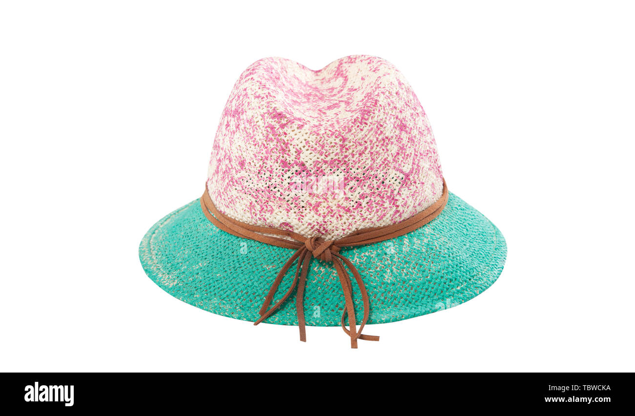 Pretty straw hat with ribbon and bow on white background. Beach hat top ...