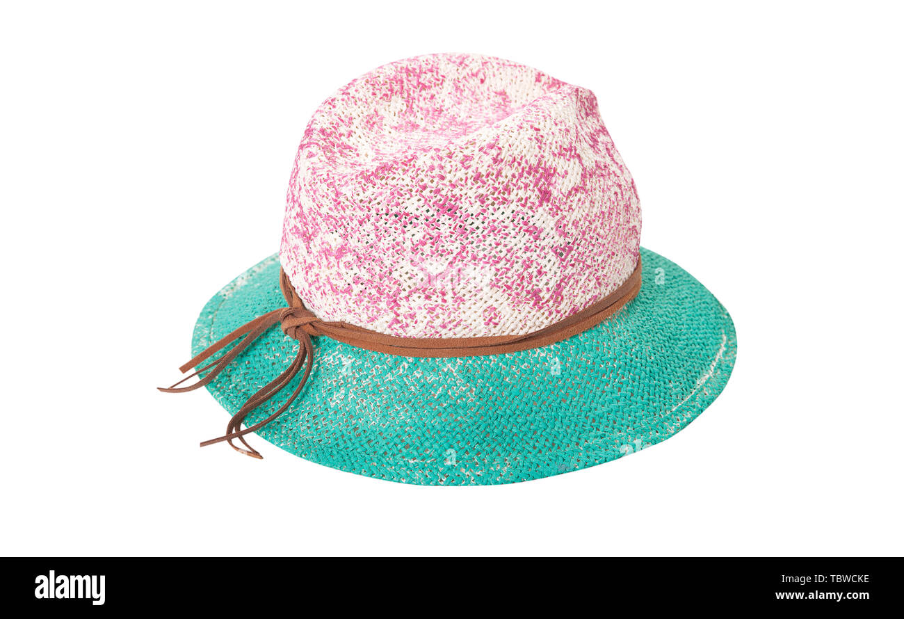 Pretty straw hat with ribbon and bow on white background. Beach hat top ...