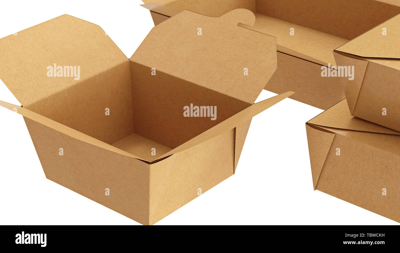 Packaging food box cardboard brown open and closed on white isolated ...