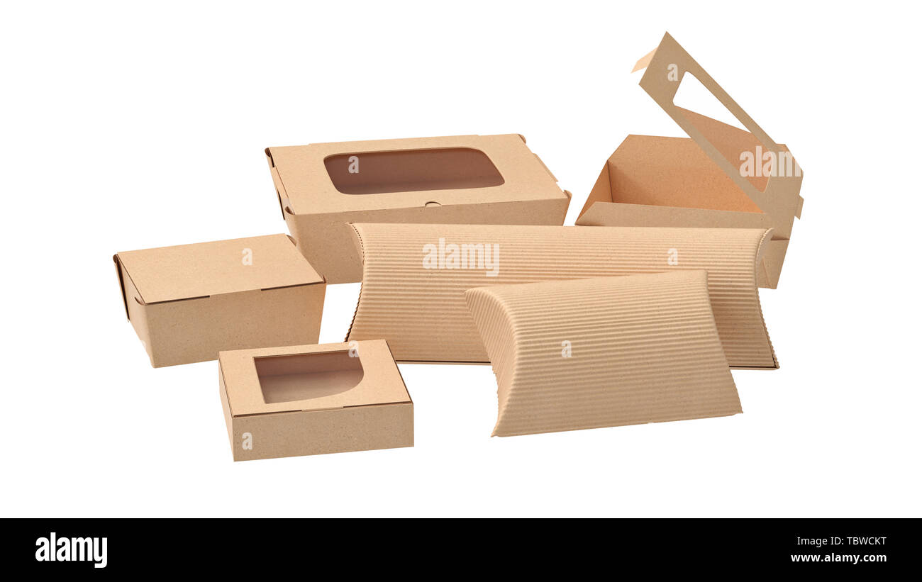 Packaging food box cardboard brown open and closed on white isolated ...