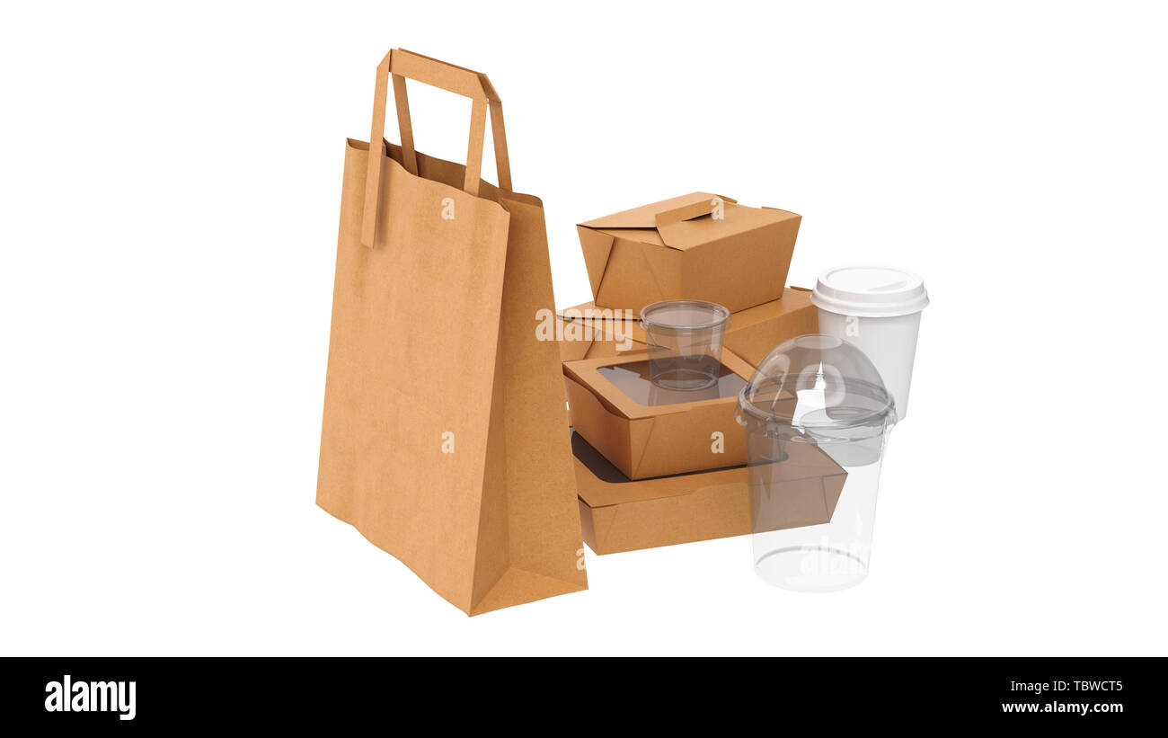 Packaging food box cardboard brown open and closed on white isolated ...