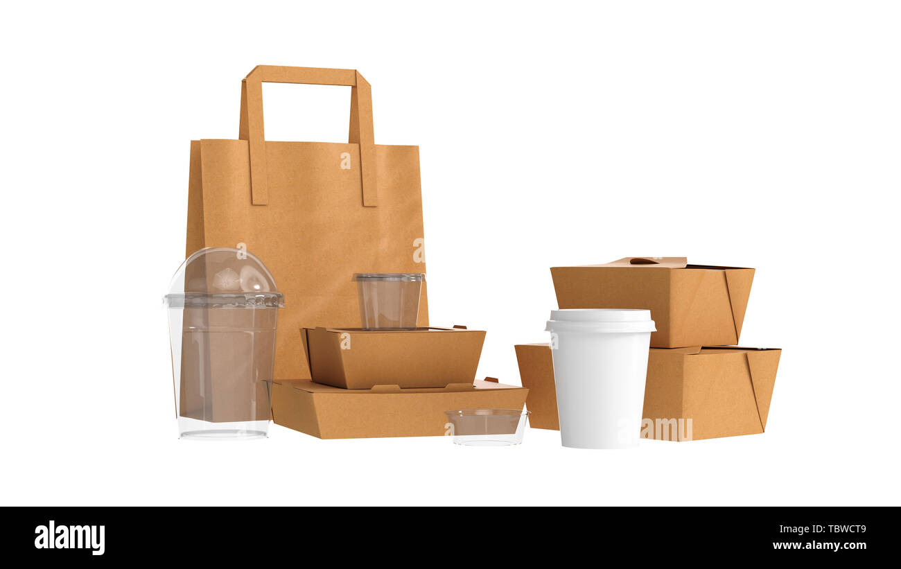 Packaging food box cardboard brown open and closed on white isolated ...