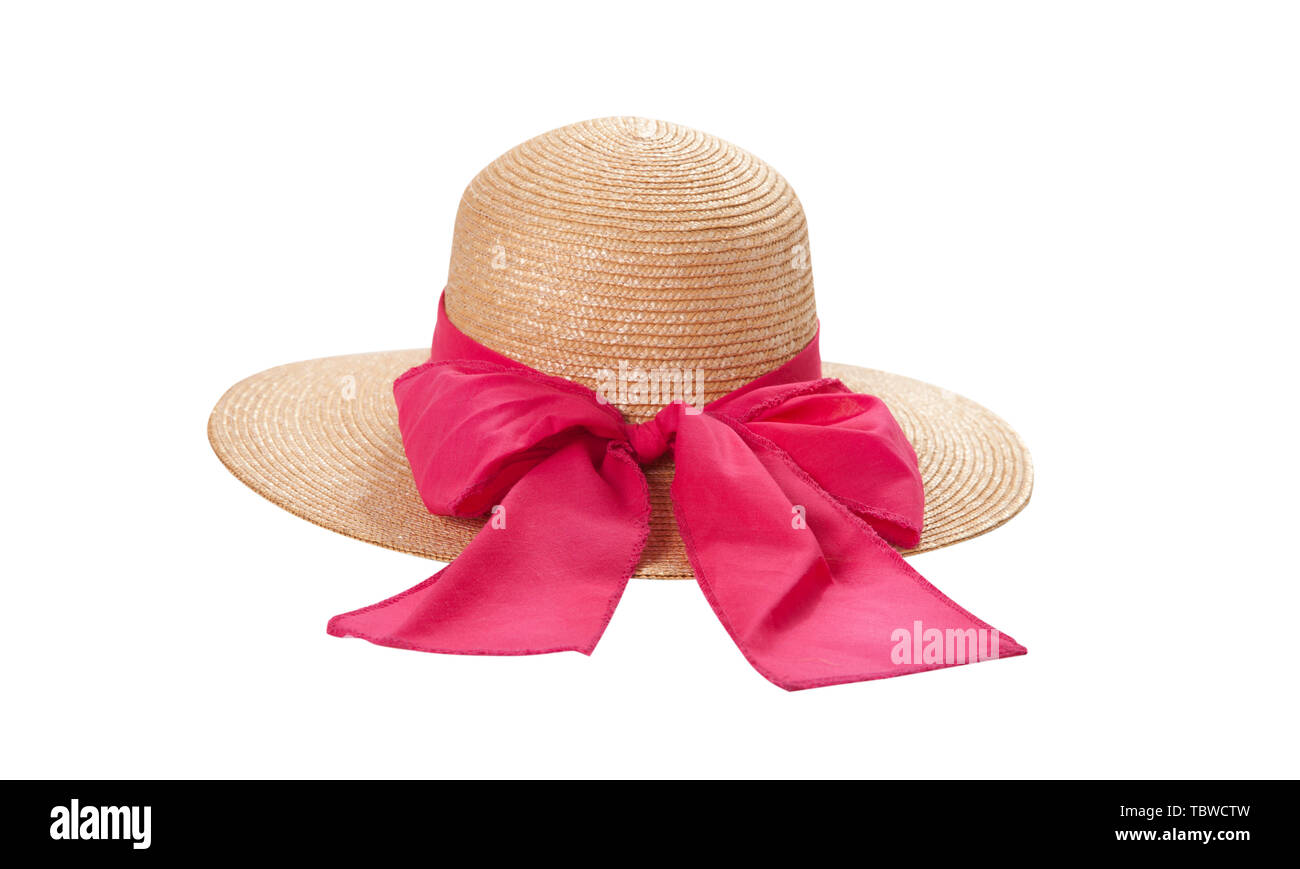 Pretty straw hat with ribbon and bow on white background. Beach hat top ...