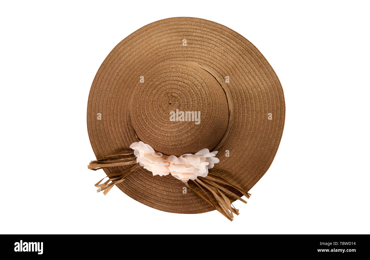 Pretty straw hat with ribbon and bow on white background. Beach hat top ...