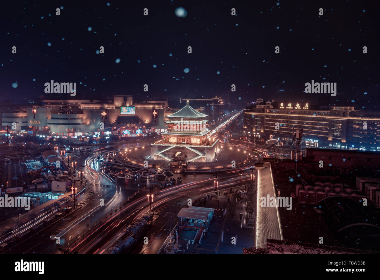 Snow view of the clock tower in Xi'an Stock Photo - Alamy