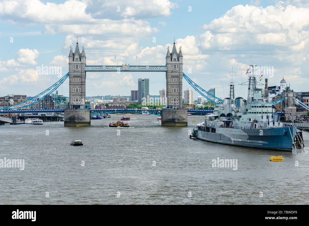 A view down The River Thames from London bridge looking towards Tower ...