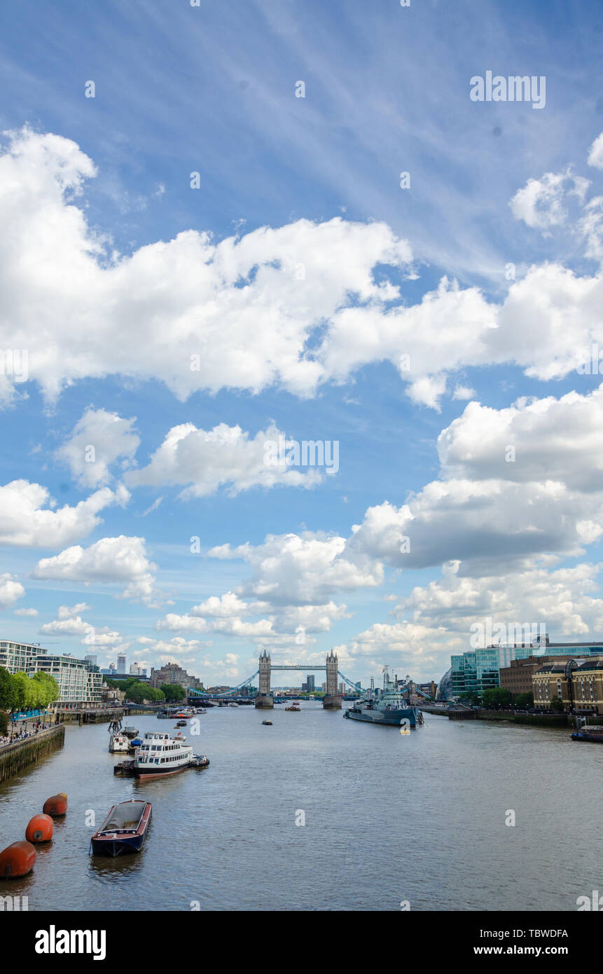 A view down The River Thames from London bridge looking towards Tower ...