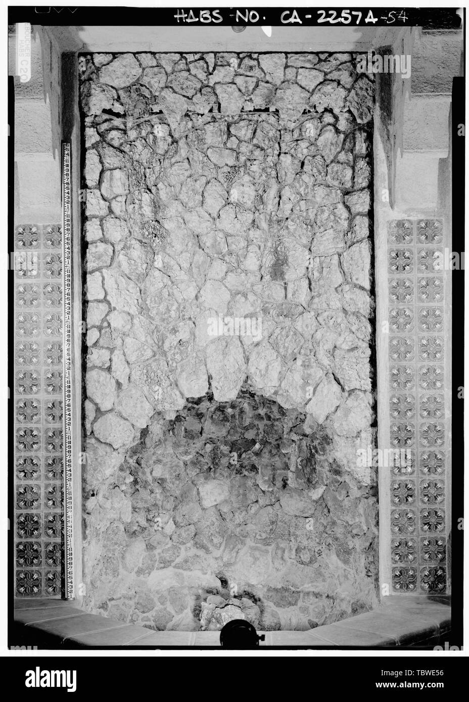 MAIN HOUSE INTERIOR, LIVING HALL, EAST WALL, DETAIL OF GROTTO FOUNTAIN ...