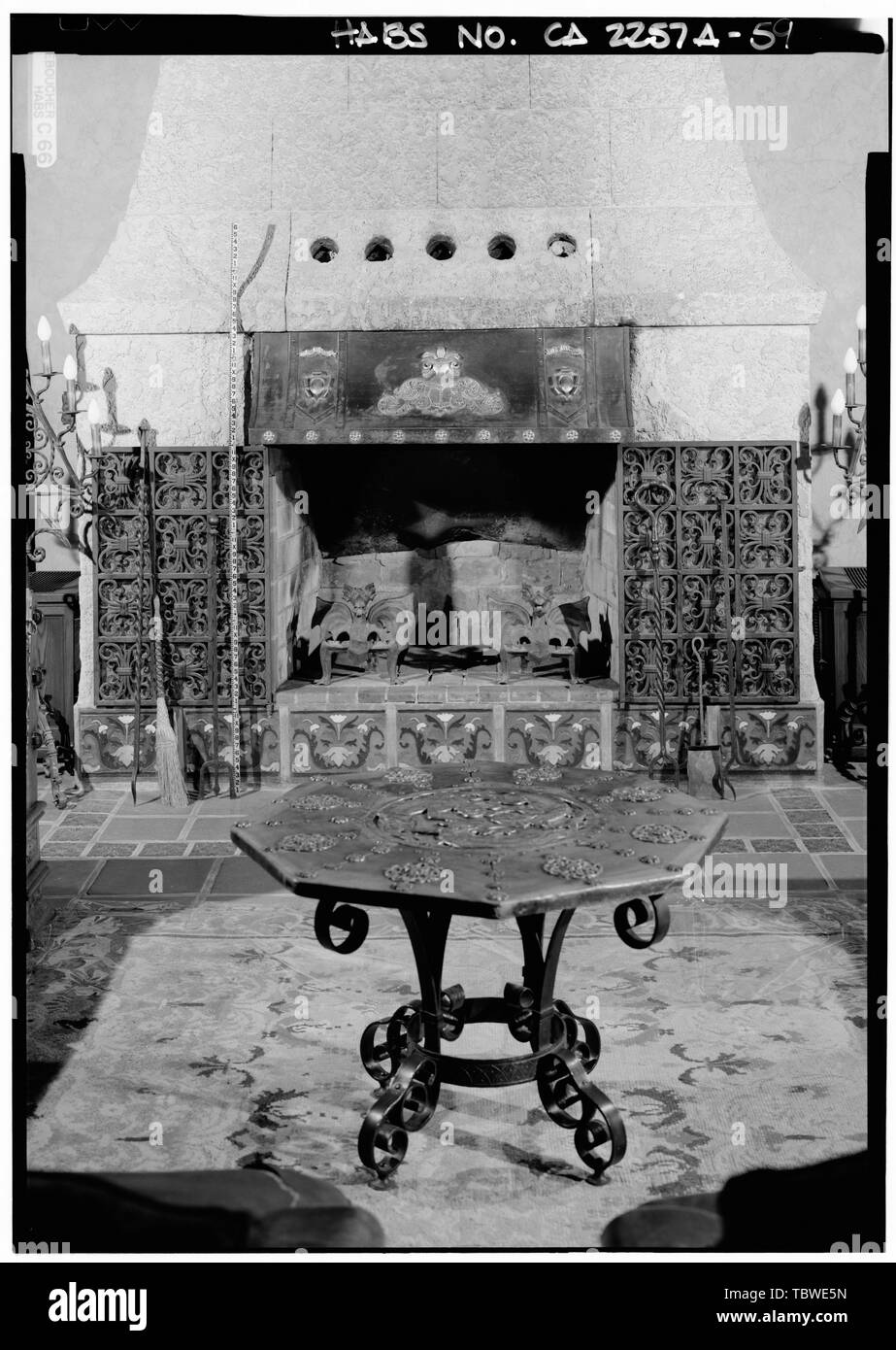 MAIN HOUSE INTERIOR, LIVING HALL, WEST WALL, DETAIL OF FIREPLACE WITH ...