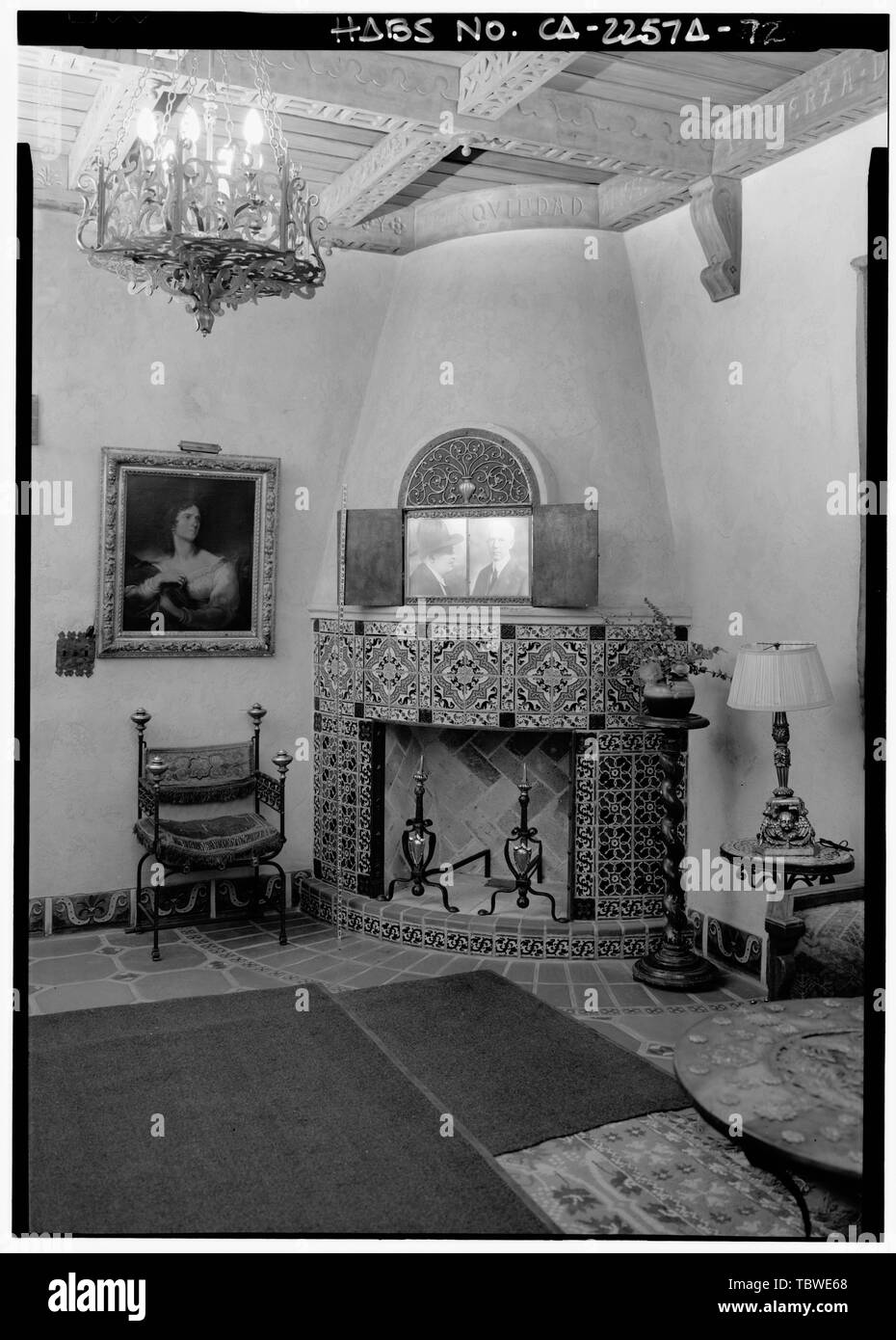 MAIN HOUSE INTERIOR, LOWER MUSIC ROOM, DETAIL OF FIREPLACE WITH PHOTOS ...
