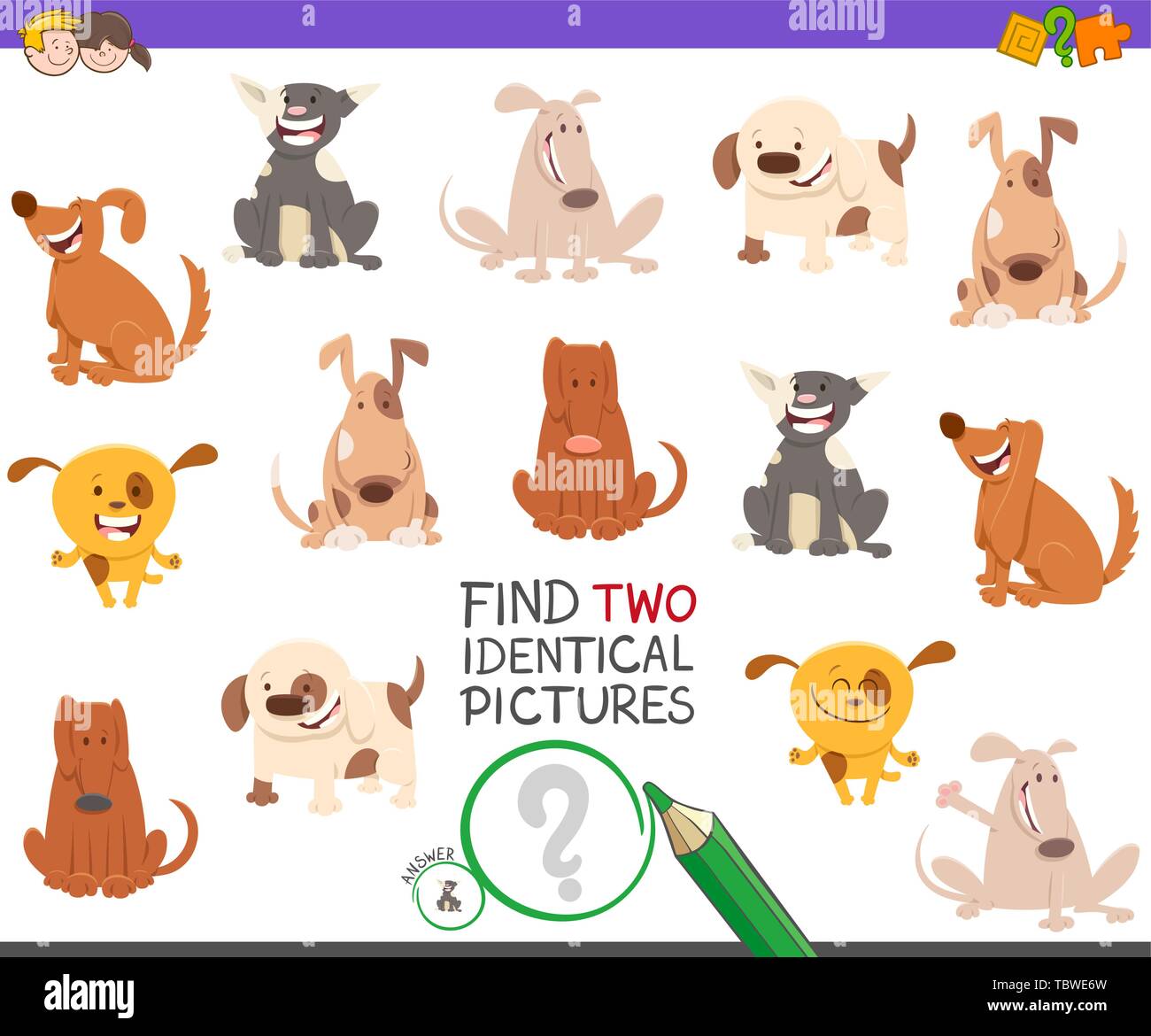 Cartoon Illustration of Finding Two Identical Pictures Educational ...