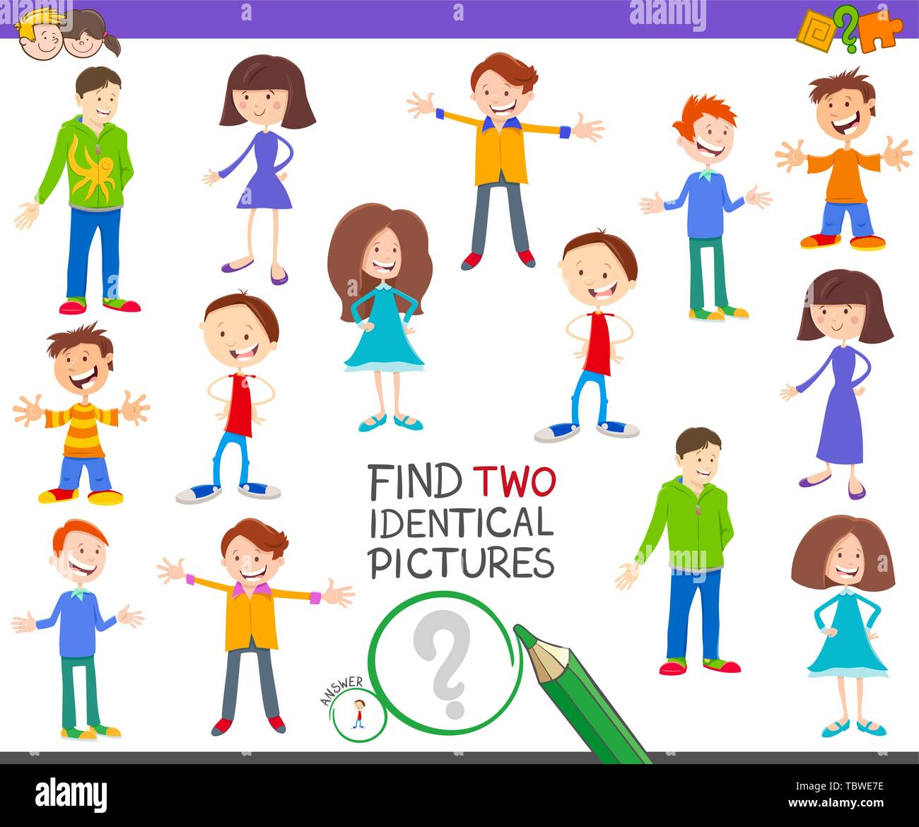 Cartoon Illustration of Finding Two Identical Pictures Educational ...