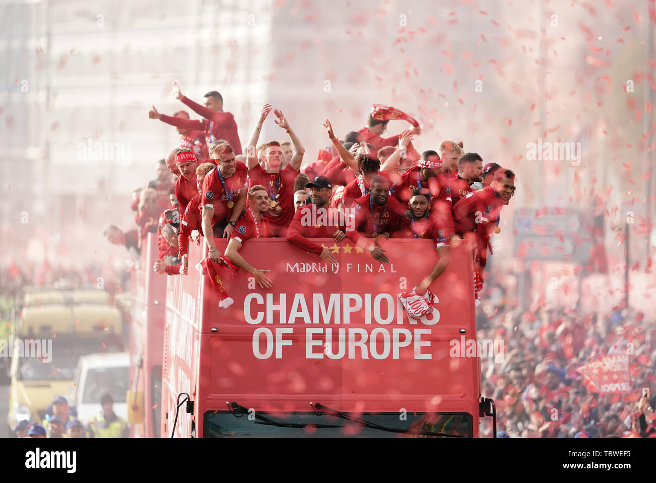 Liverpool Football club Champions League parade through the city on an ...
