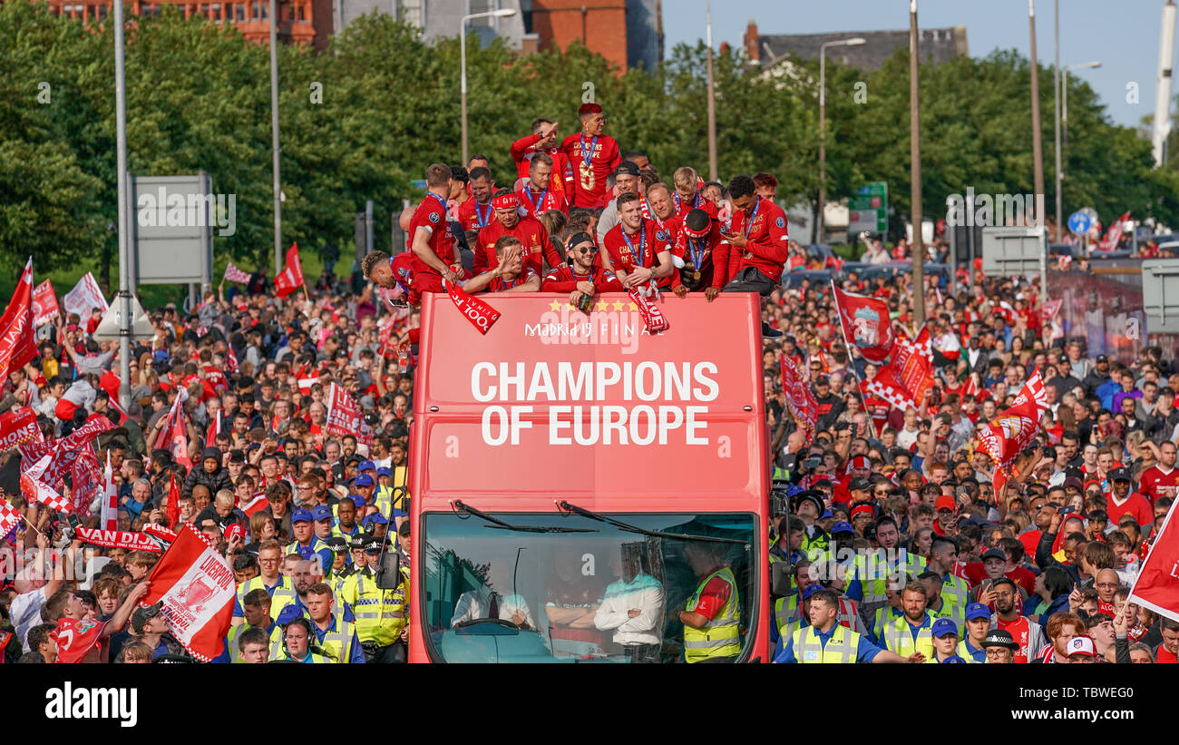 Liverpool Football club Champions League parade through the city on an ...