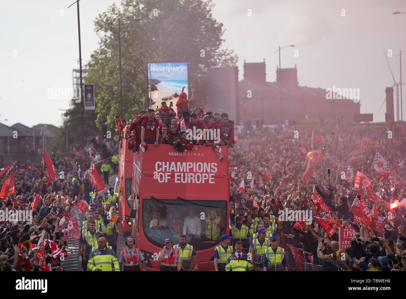 Liverpool Football club Champions League parade through the city on an ...