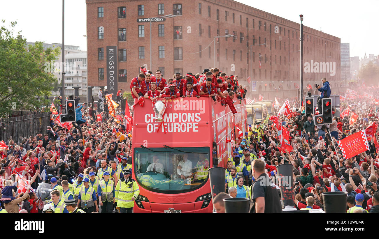 Liverpool Football club Champions League parade through the city on an ...