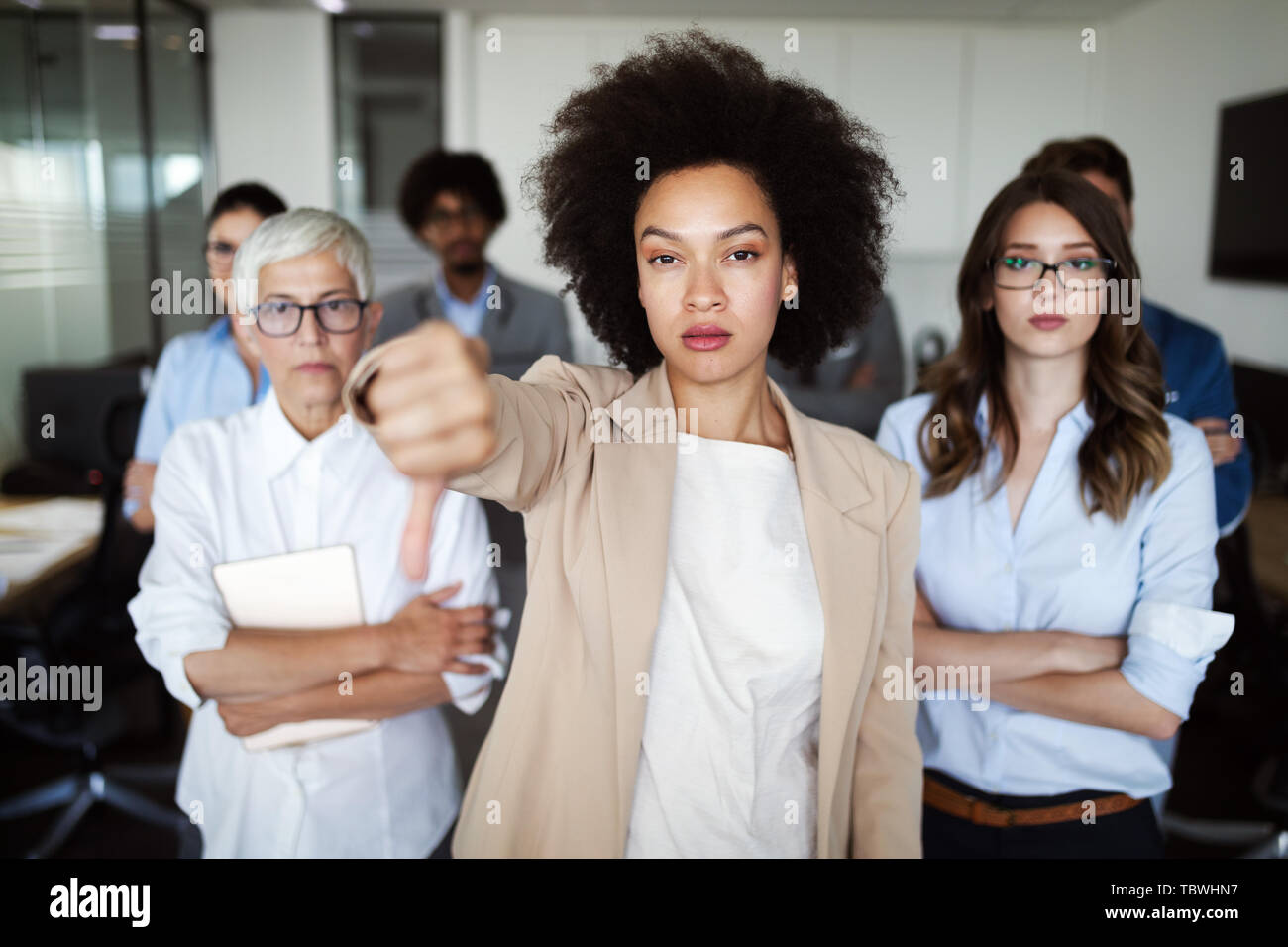 Group of unsuccessful business people and badly managed company leads ...