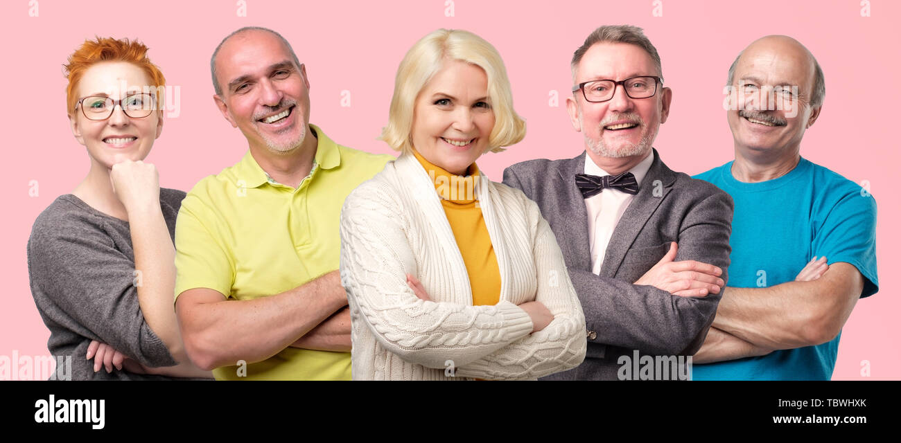 Collage of senior confident smiling men and women posing with folded ...