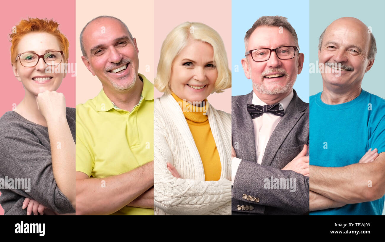 Collage of senior confident smiling men and women posing with folded ...