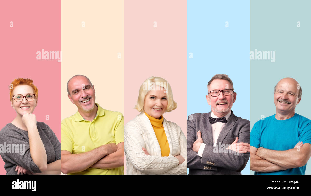 Collage of senior confident smiling men and women posing with folded ...