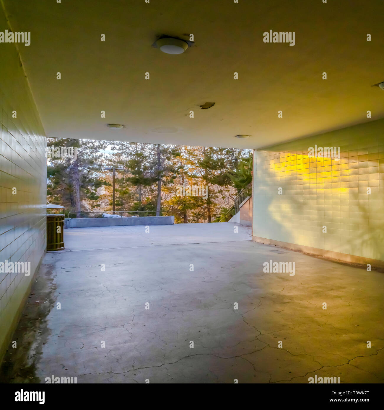 Square Passageway underneath a building with view of lush trees and ...
