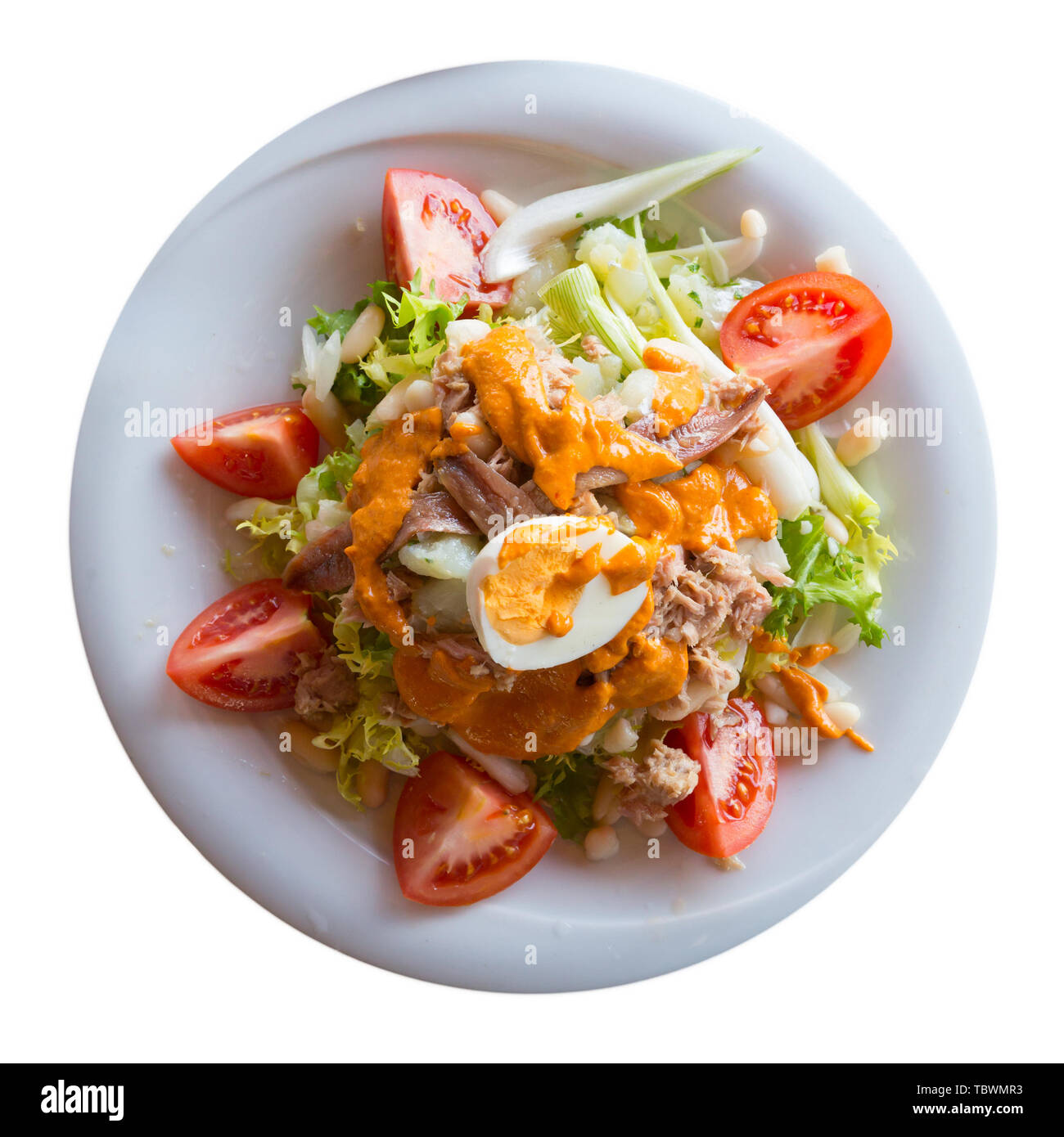 Plate of national Catalan salad Xatonada – tuna, escarole, unsalted cod ...