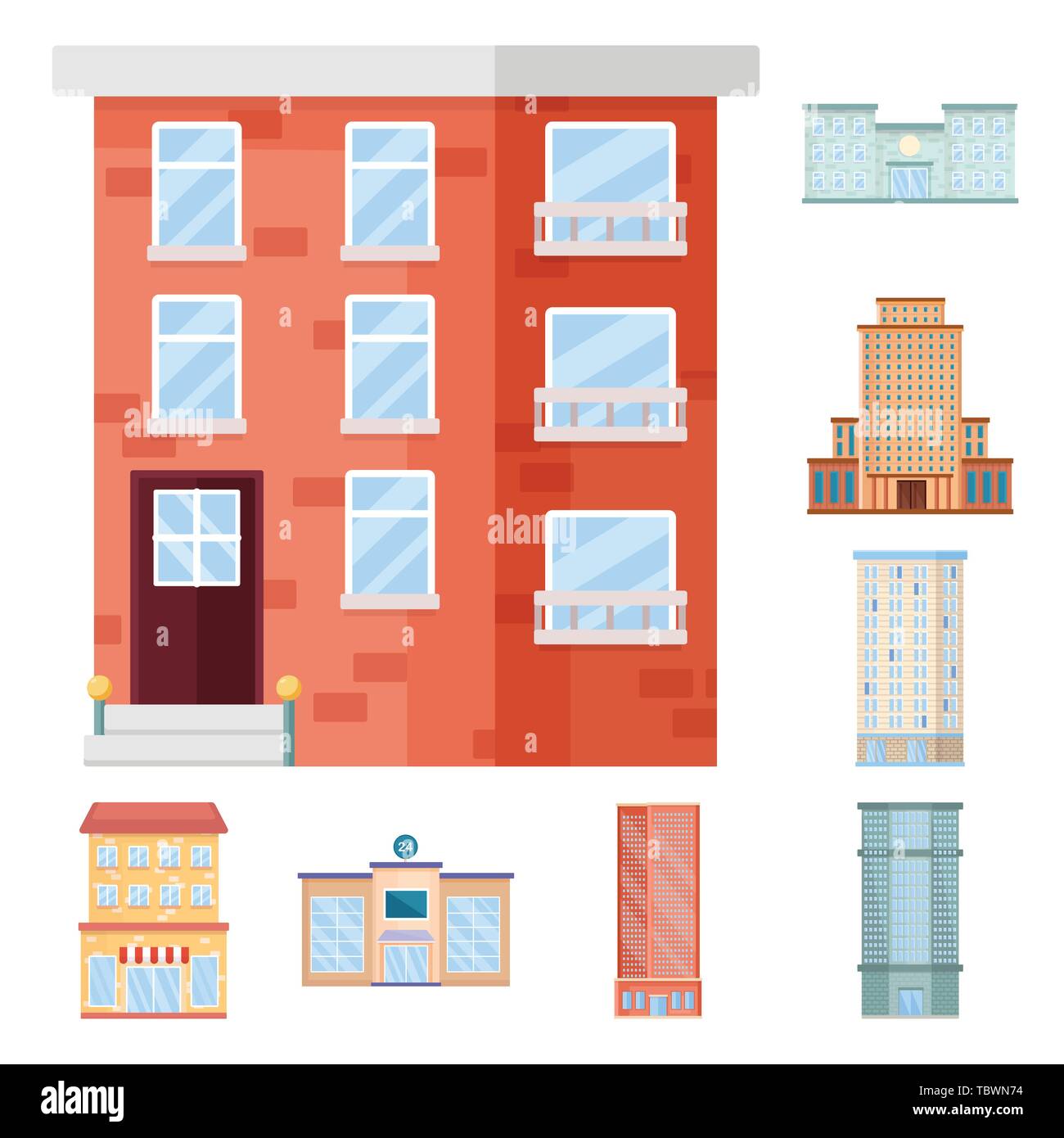 Vector illustration of facade and building sign. Set of facade and ...