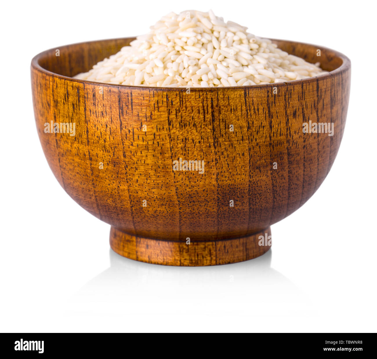 Rice in wooden bowl on white background. Close up, high resolution ...