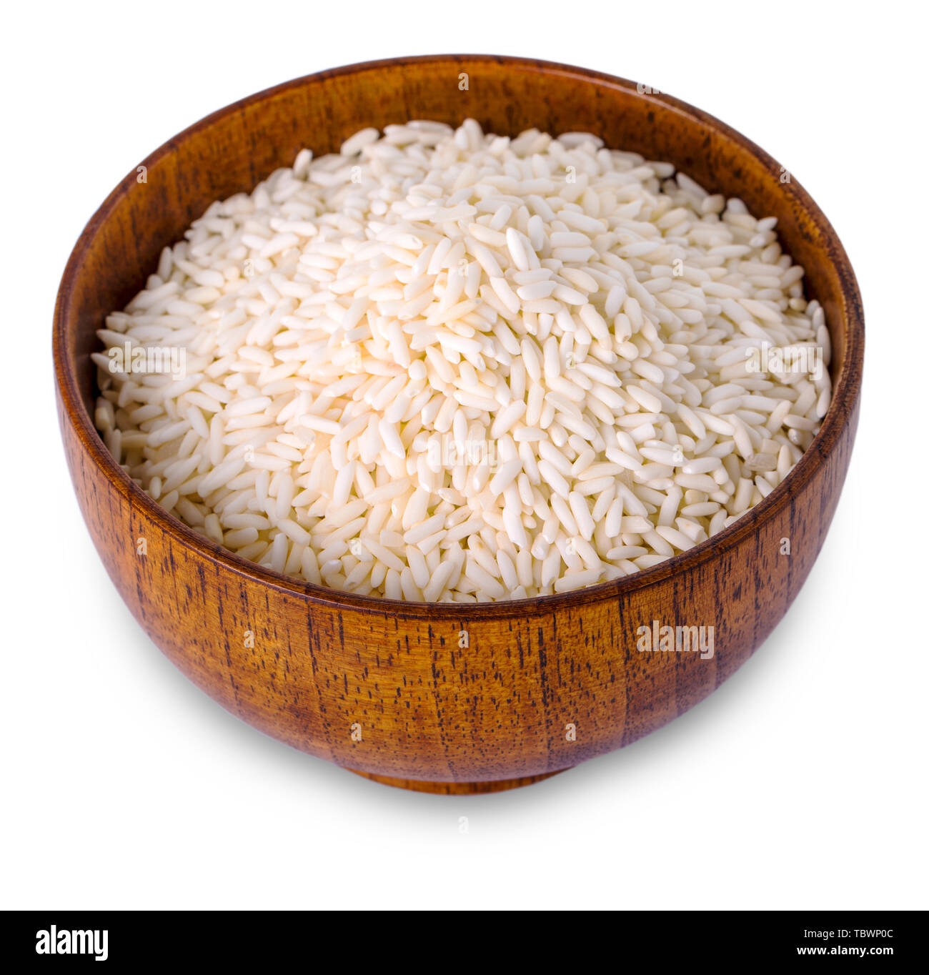 Rice in wooden bowl on white background. Close up, high resolution ...