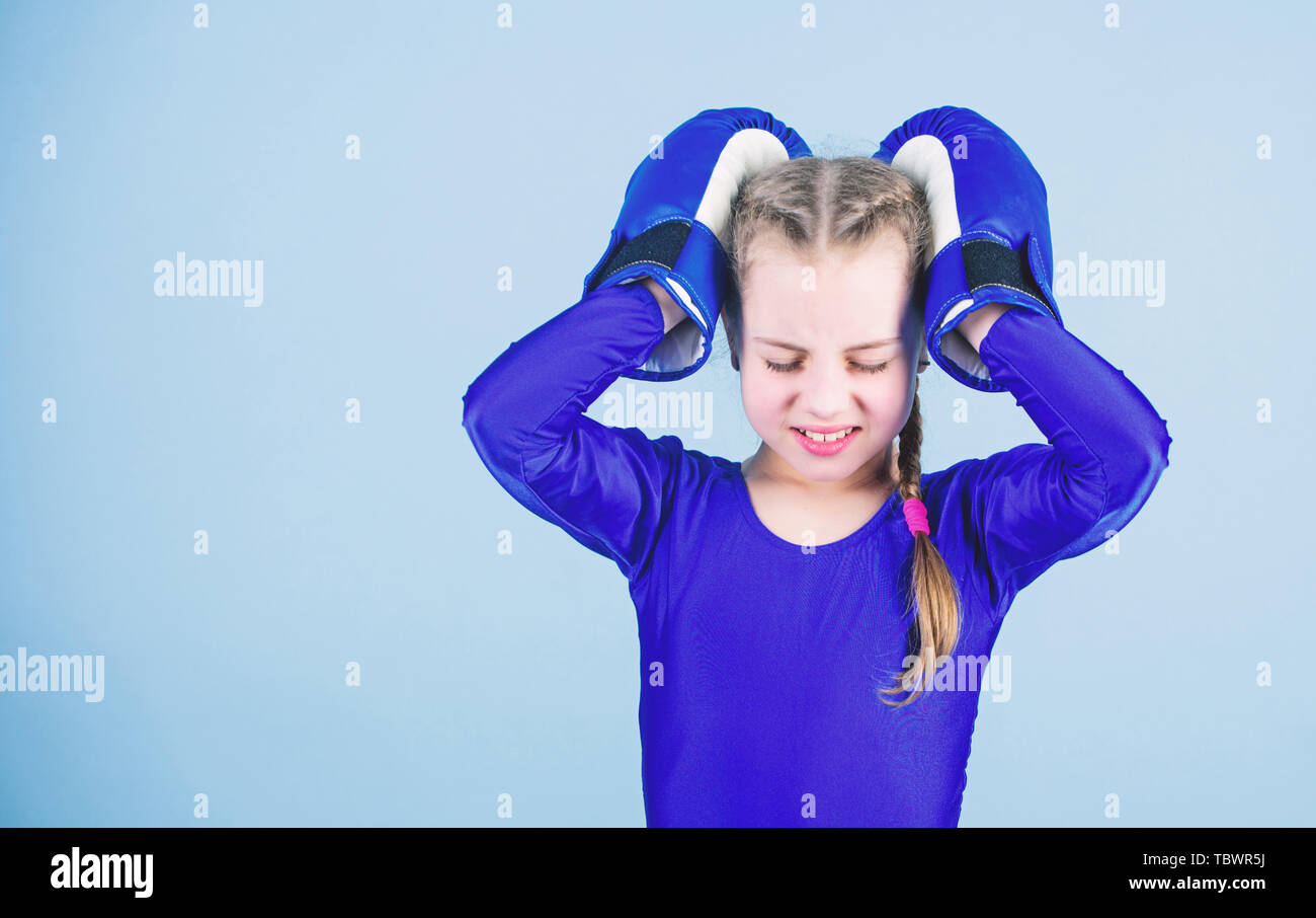 Risk of injury. Rise of women boxers. Girl cute boxer on blue ...