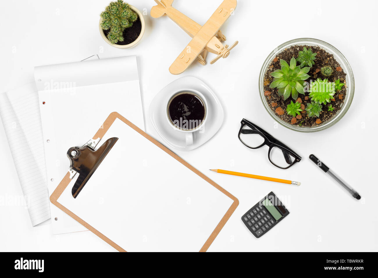 Blank office desk background with copy space for your text. Top view ...