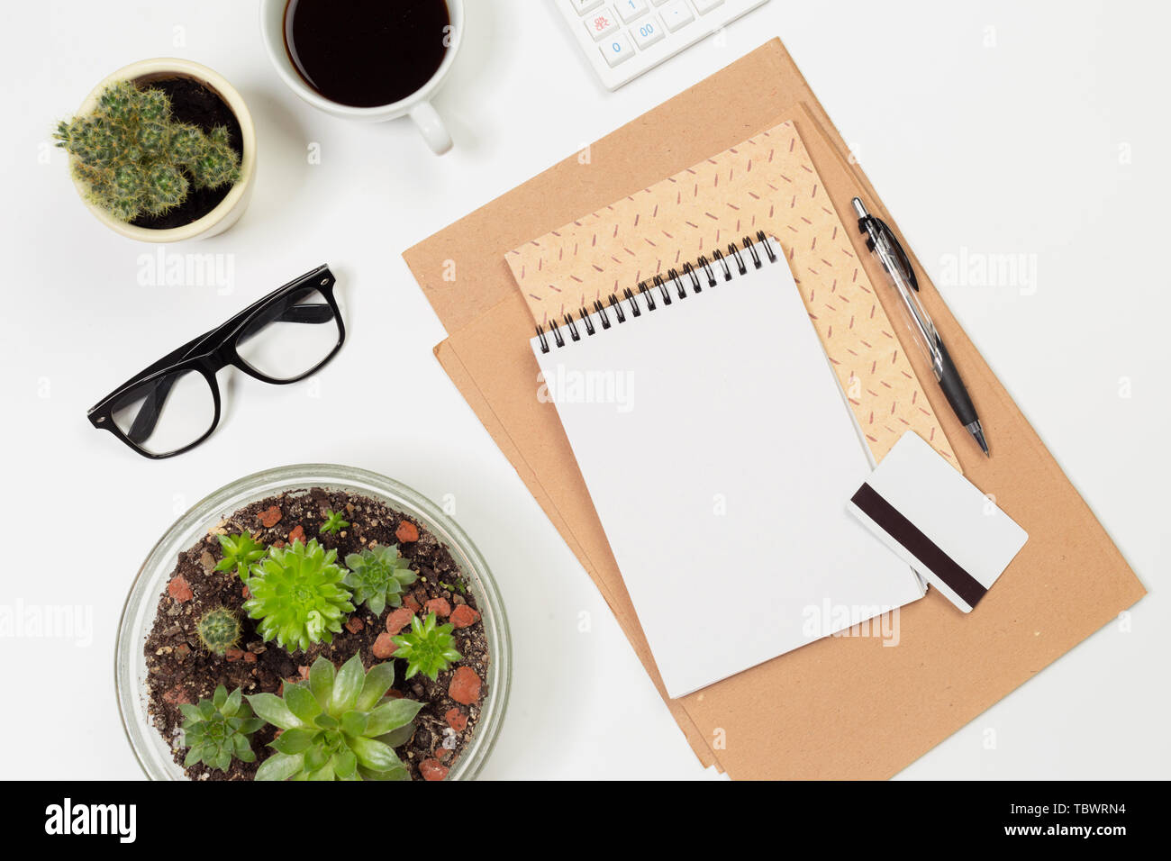 Blank office desk background with copy space for your text. Top view ...